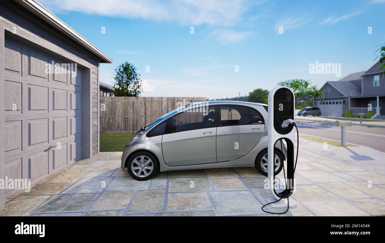 Electric car charging station at home, 3d render Stock Photo - Alamy