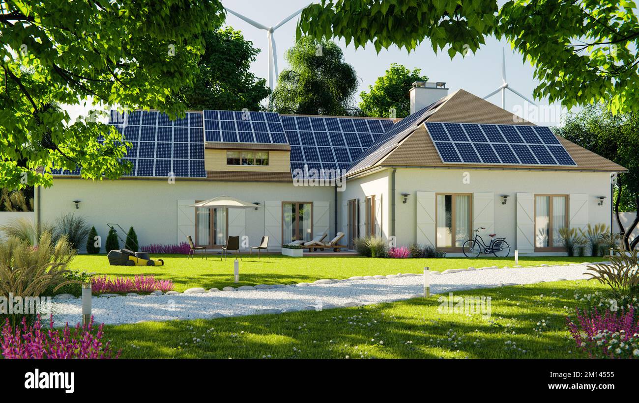 Renewable energy house concept with solar roof and wind turbine, 3d ...