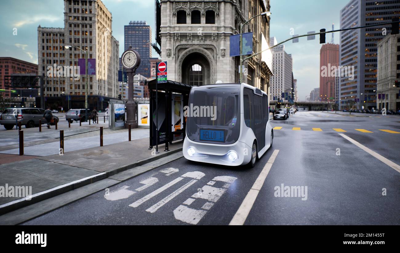 Autonomous electric bus self driving on street, Smart vehicle ...