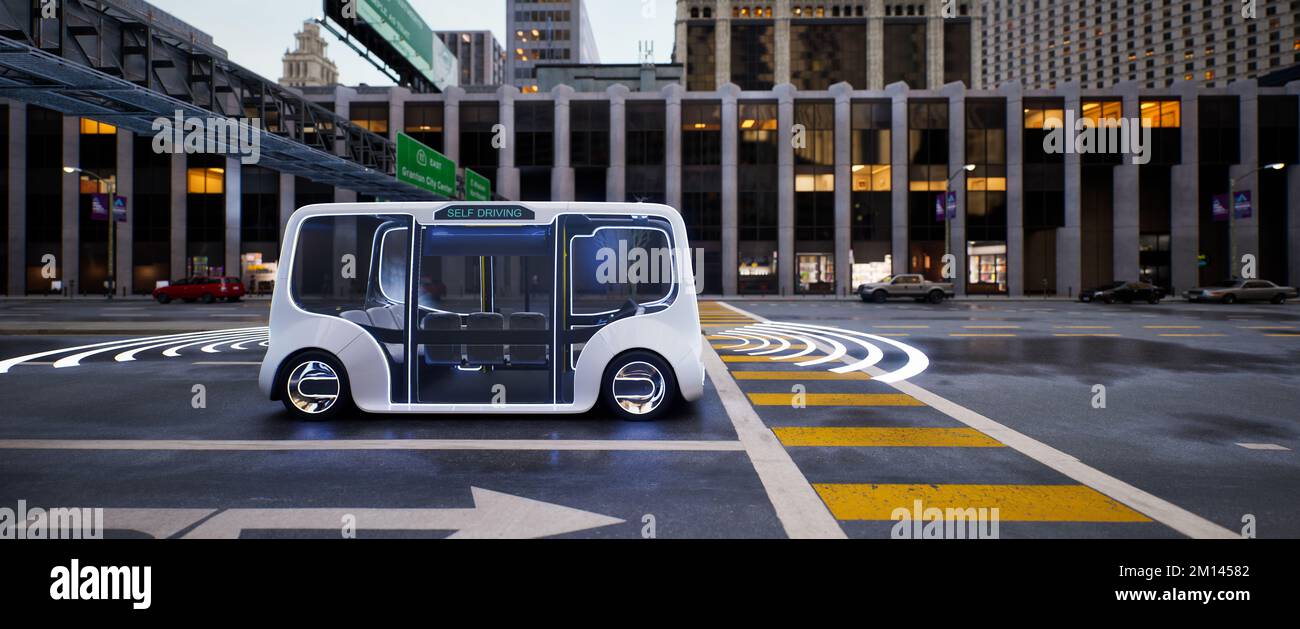 Autonomous electric bus self driving on street, Smart vehicle ...
