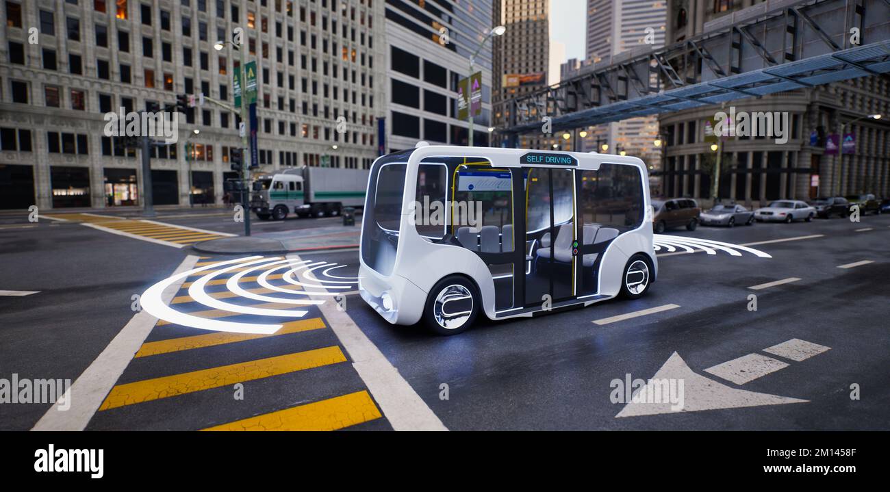 Autonomous electric bus self driving on street, Smart vehicle ...