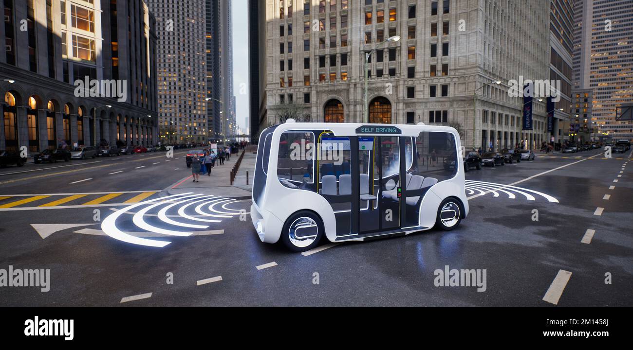 Autonomous electric bus self driving on street, Smart vehicle ...