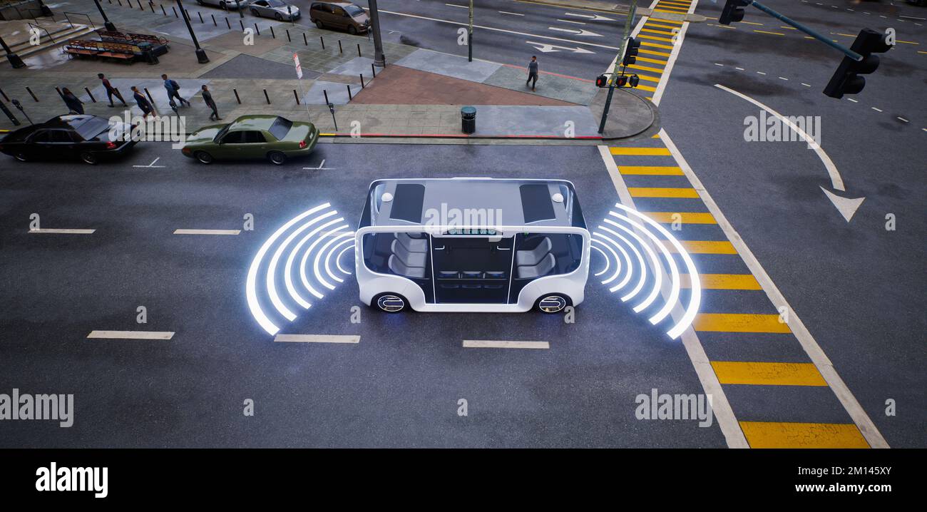 Autonomous electric bus self driving on street, Smart vehicle ...