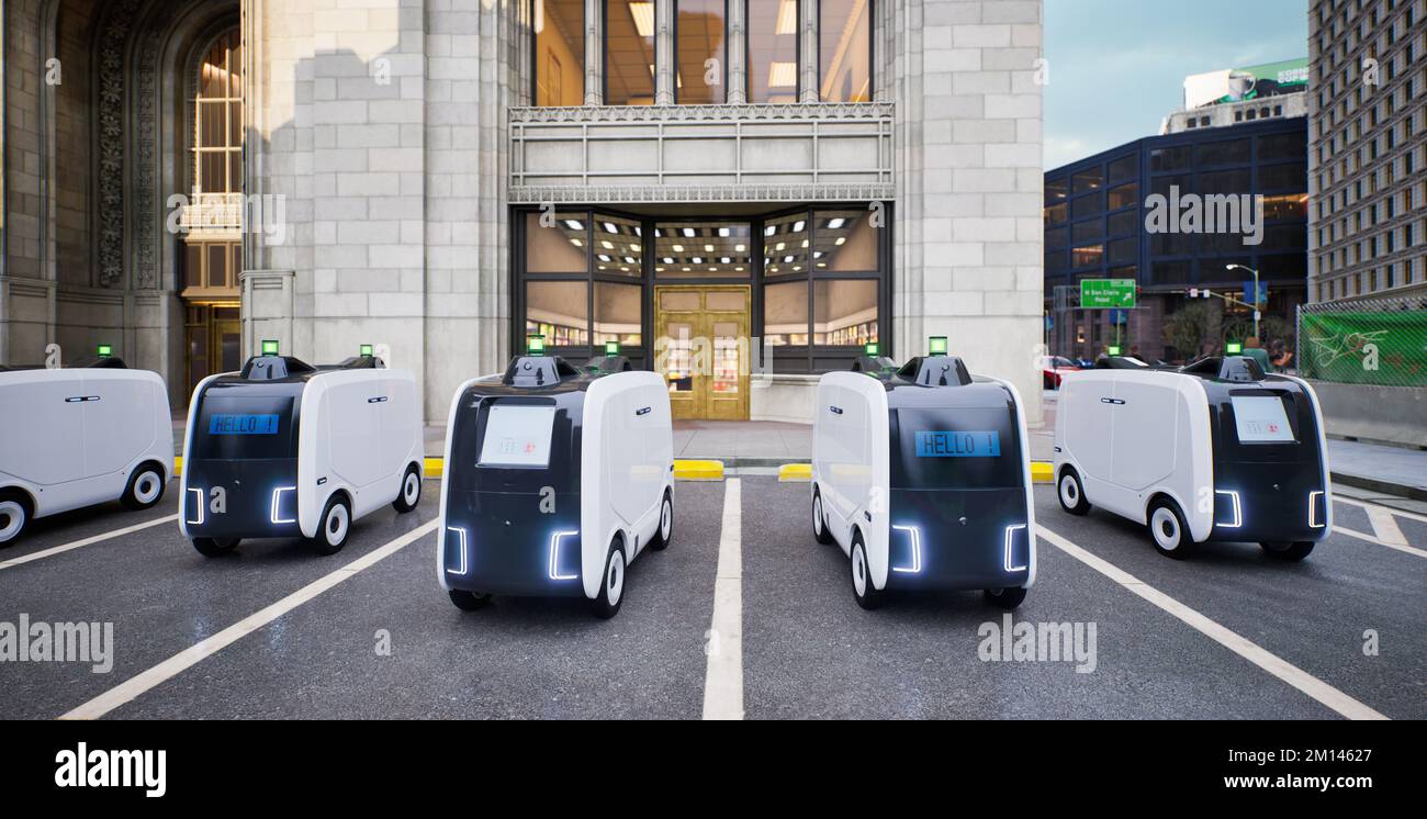 Autonomous delivery robot wait for orders in front of store, Smart ...
