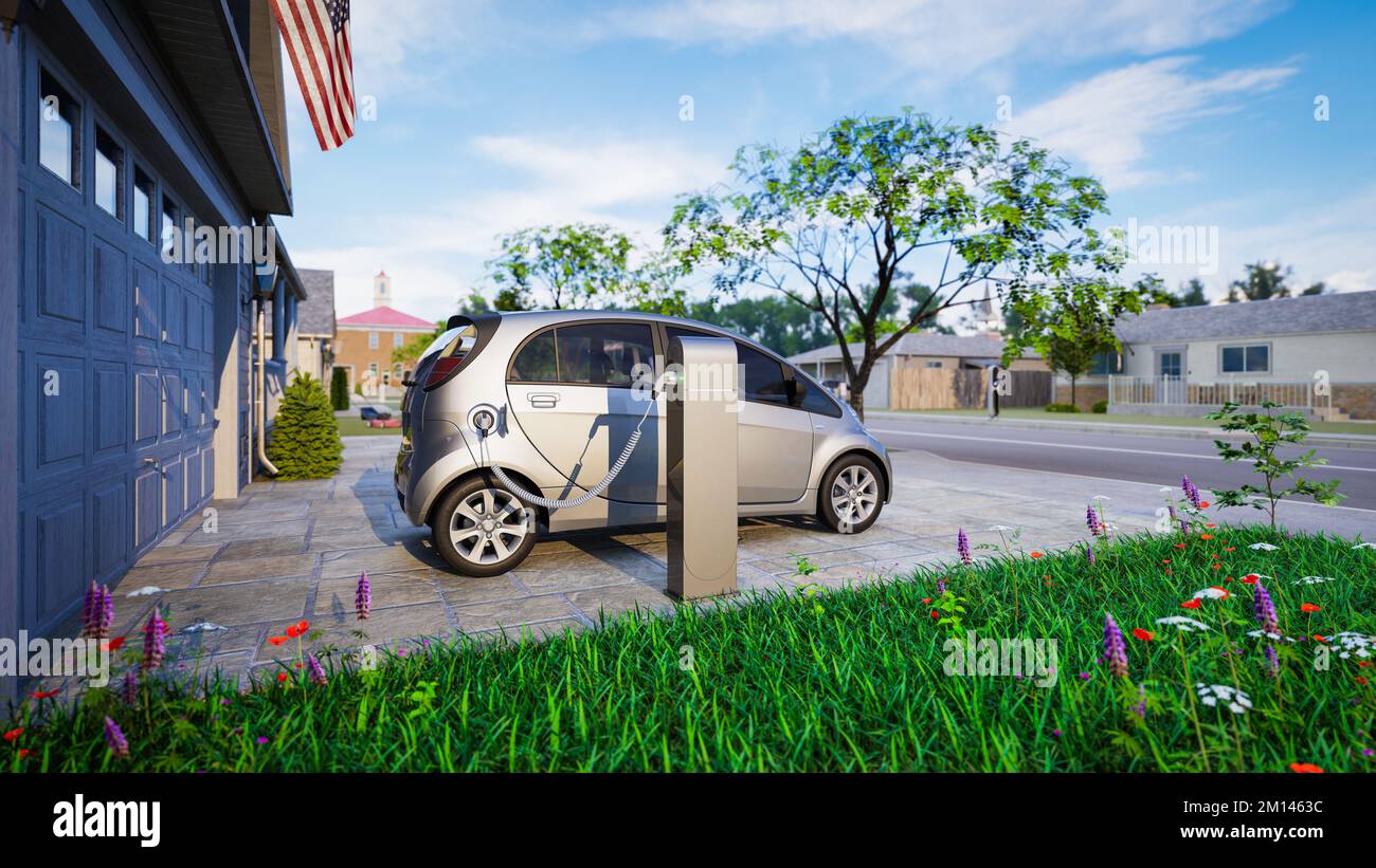 Electric car charging station at home, 3d render Stock Photo - Alamy