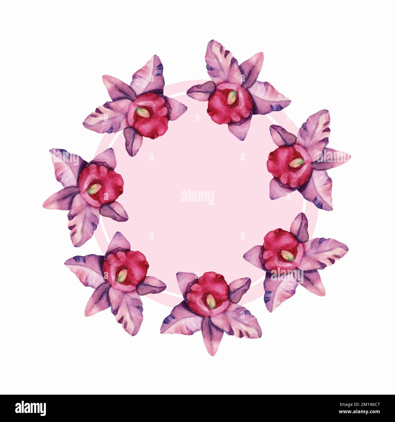 Orchid wreath, round frame. Pink Floral design template with watercolor ...