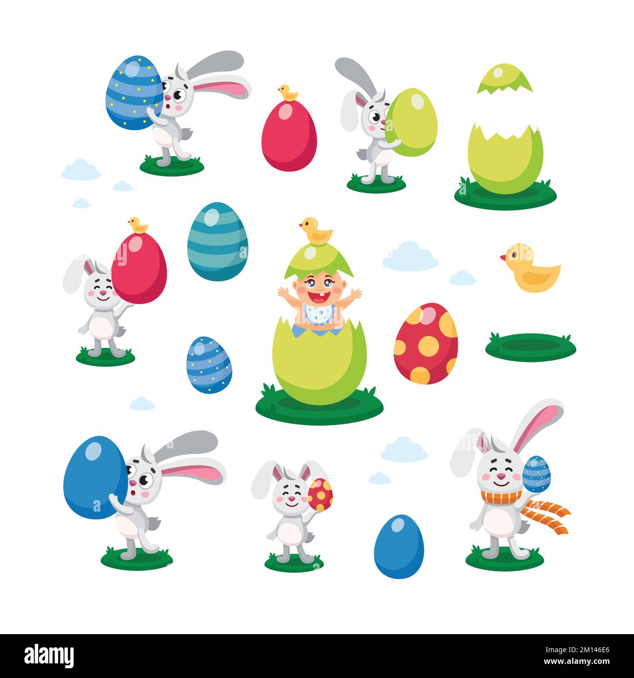 Happy easter, egg hunt flat kid's vector illustrations. Set of easter ...