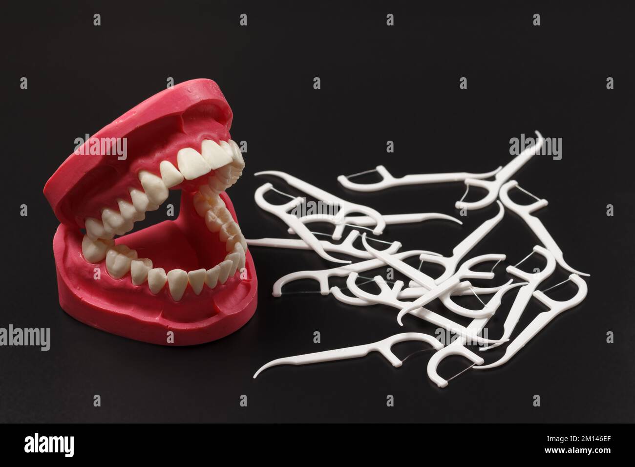 Human jaw layout and flossing toothpicks on black Stock Photo - Alamy