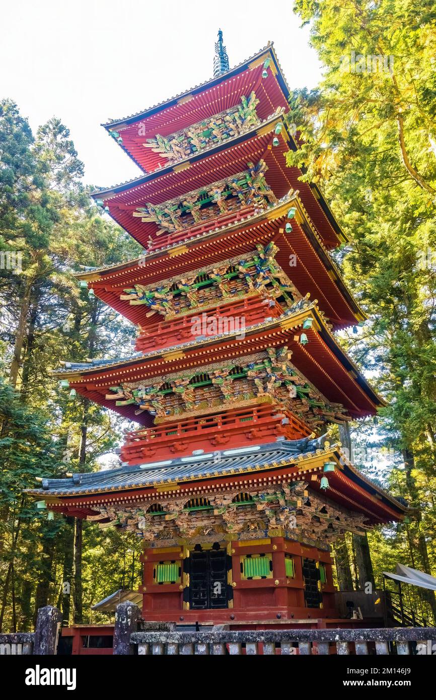 Scenic five-storied Pagoda Gojunoto building in Nikko Toshogu Shrine ...