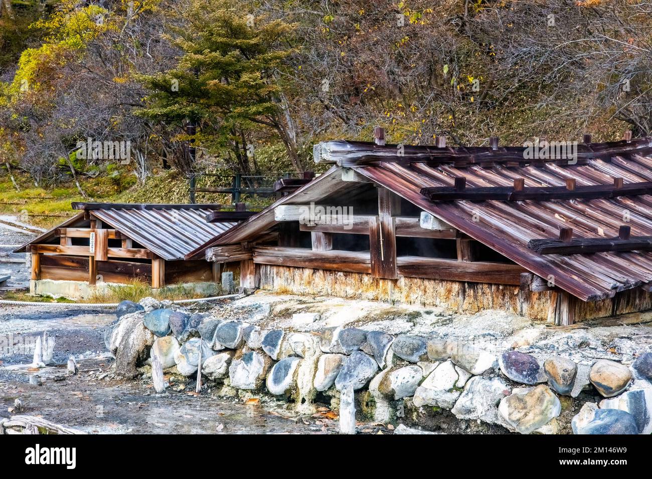 Old wooden onsen bath houses spa buildings in swamp at Nikko Japan ...