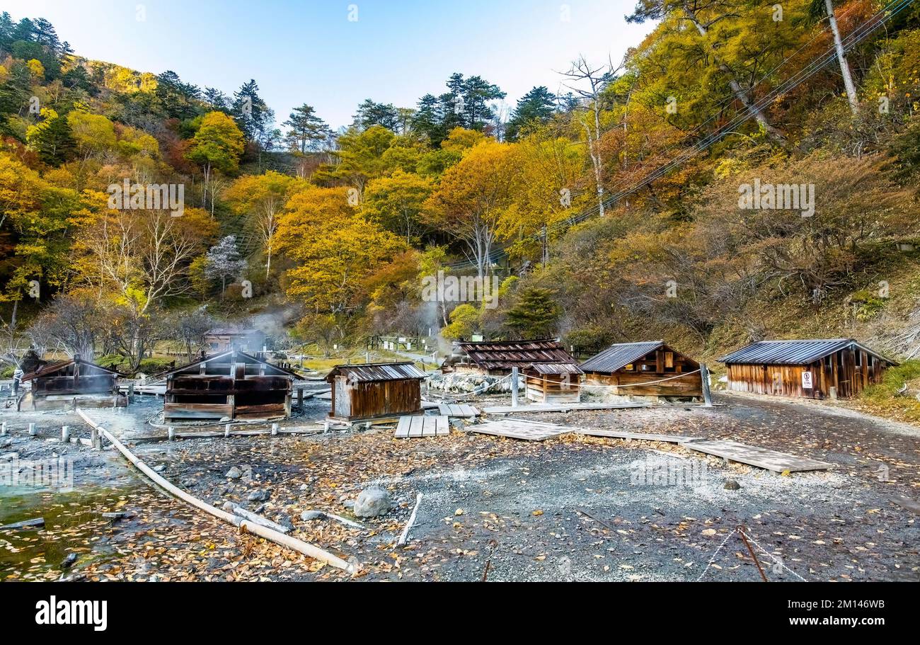 Old wooden onsen bath houses spa buildings in swamp at Nikko Japan ...