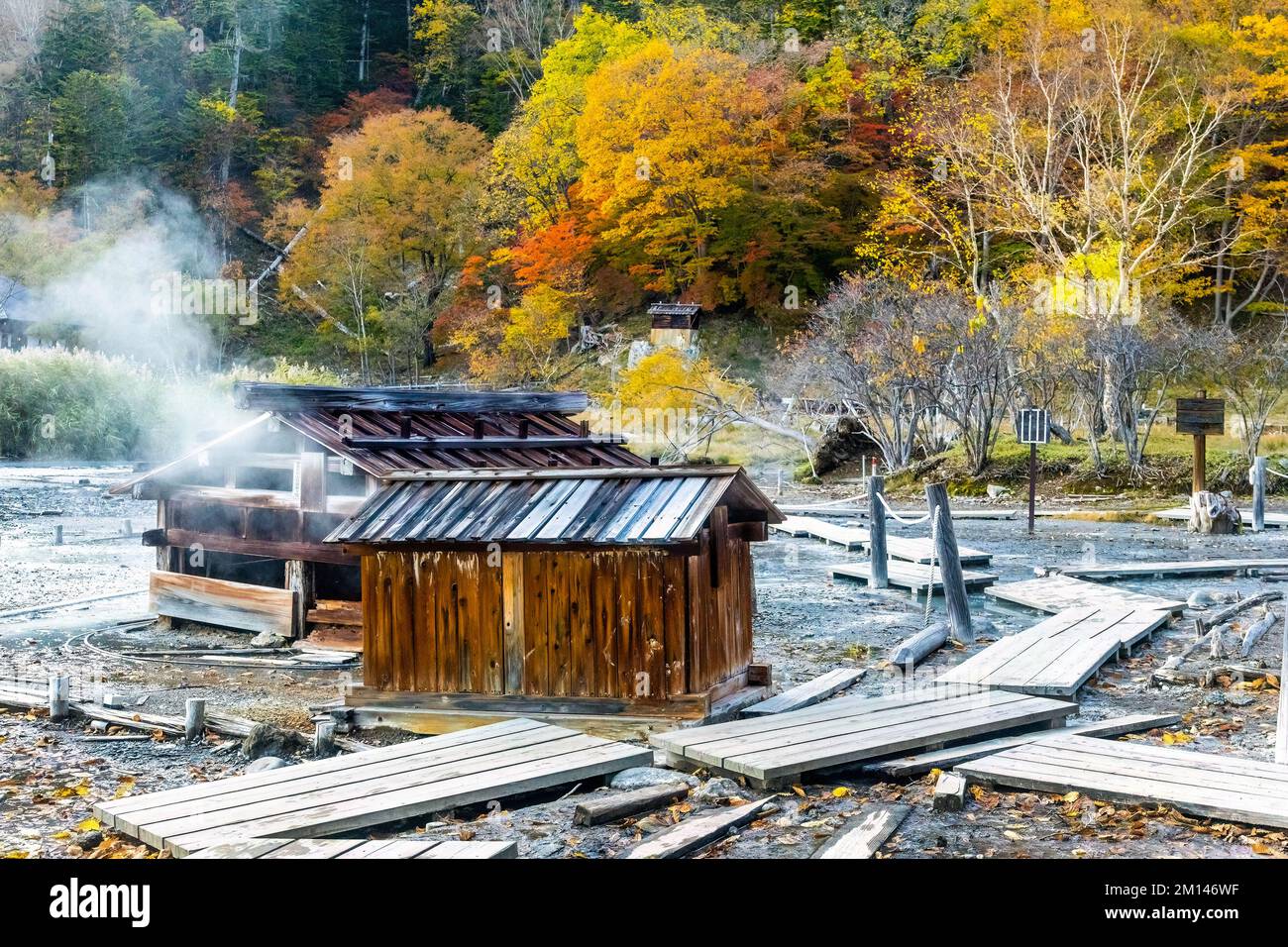 Old wooden onsen bath houses spa buildings in swamp at Nikko Japan ...