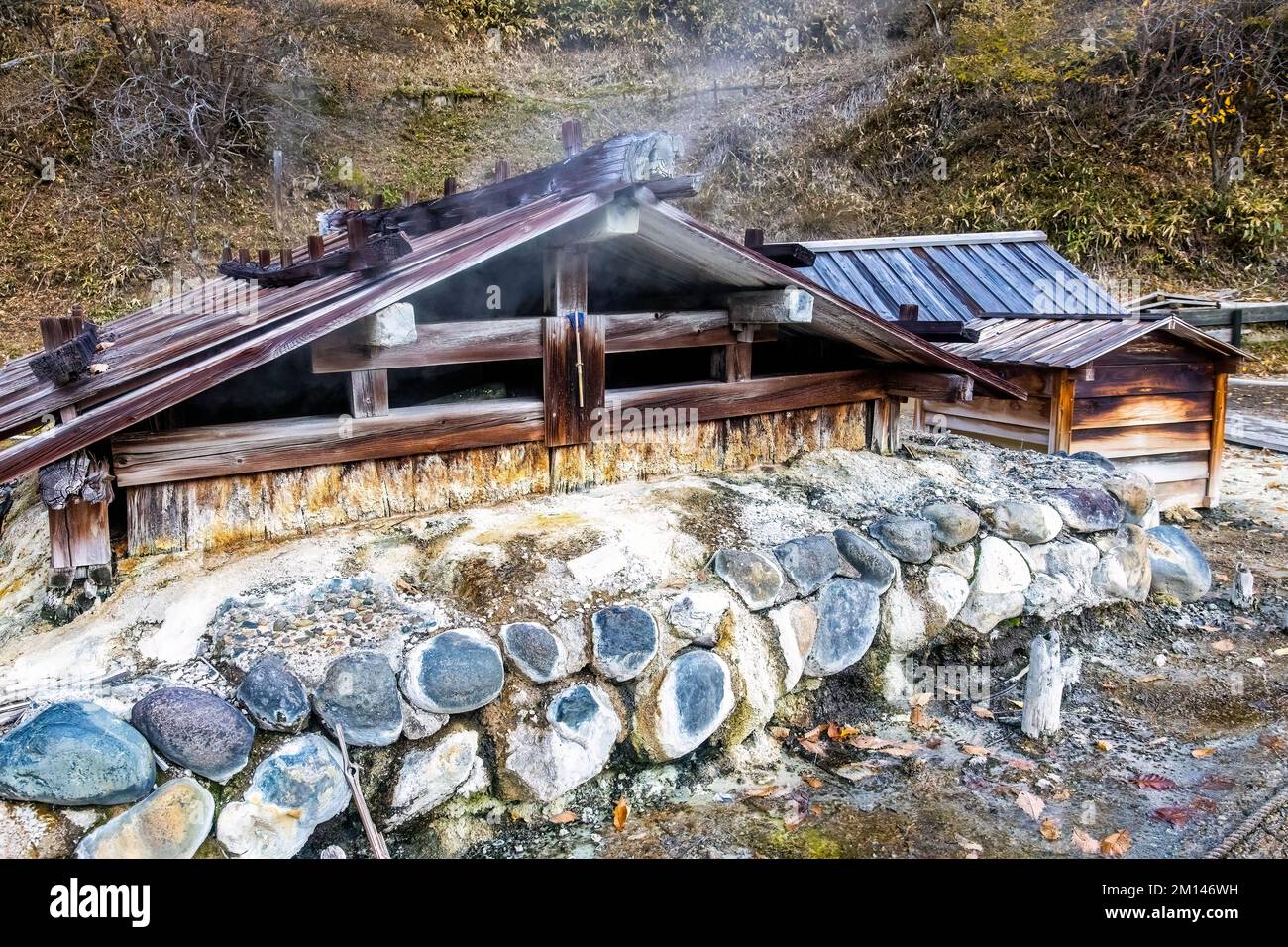 Old wooden onsen bath houses spa buildings in swamp at Nikko Japan Stock Photo - Alamy