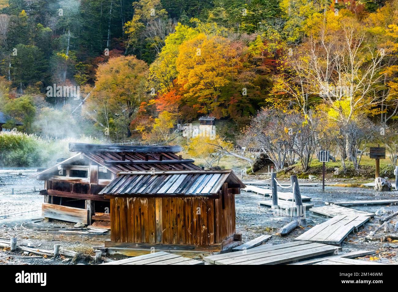 Old wooden onsen bath houses spa buildings in swamp at Nikko Japan ...