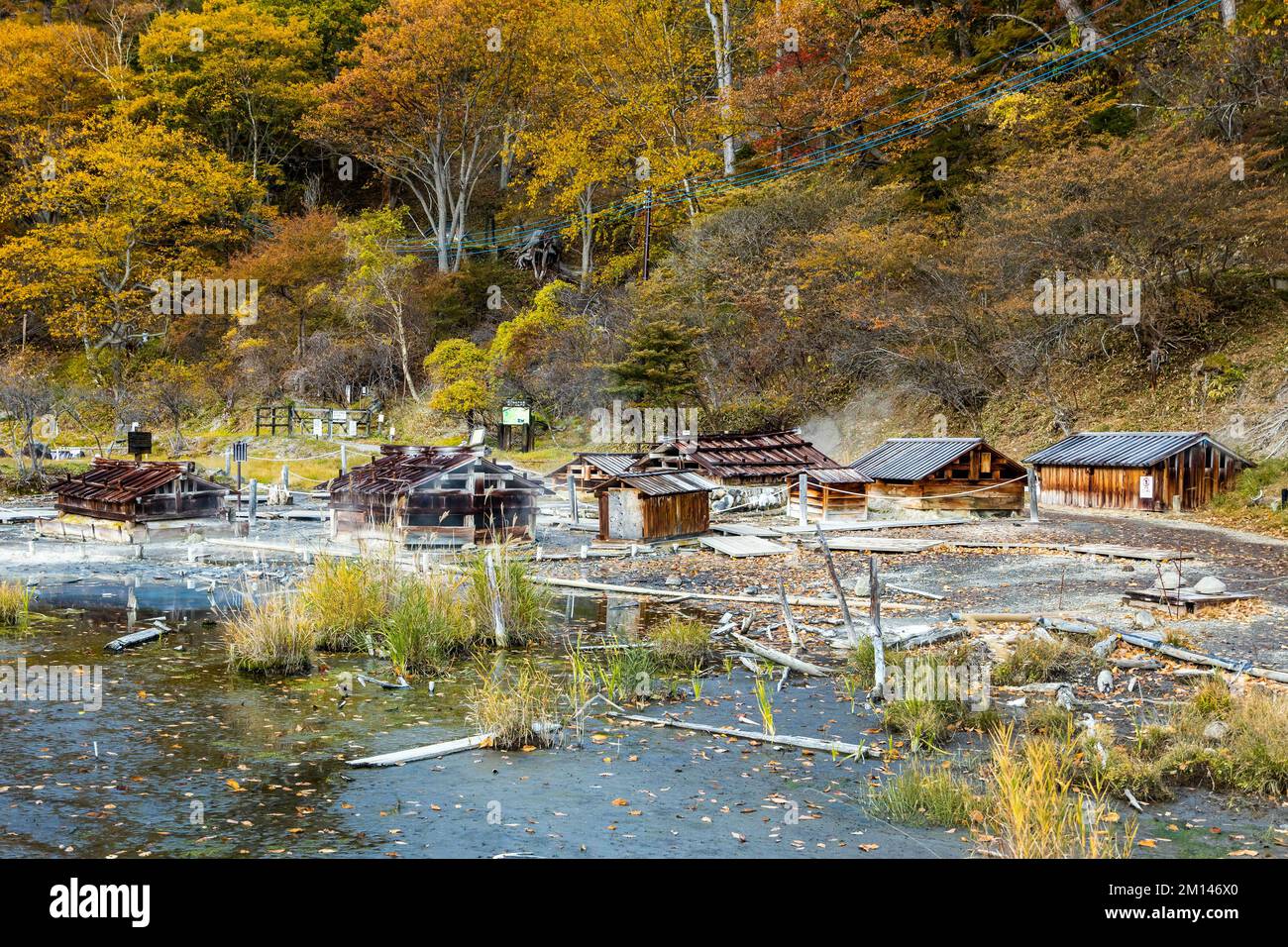 Old wooden onsen bath houses spa buildings in swamp at Nikko Japan ...