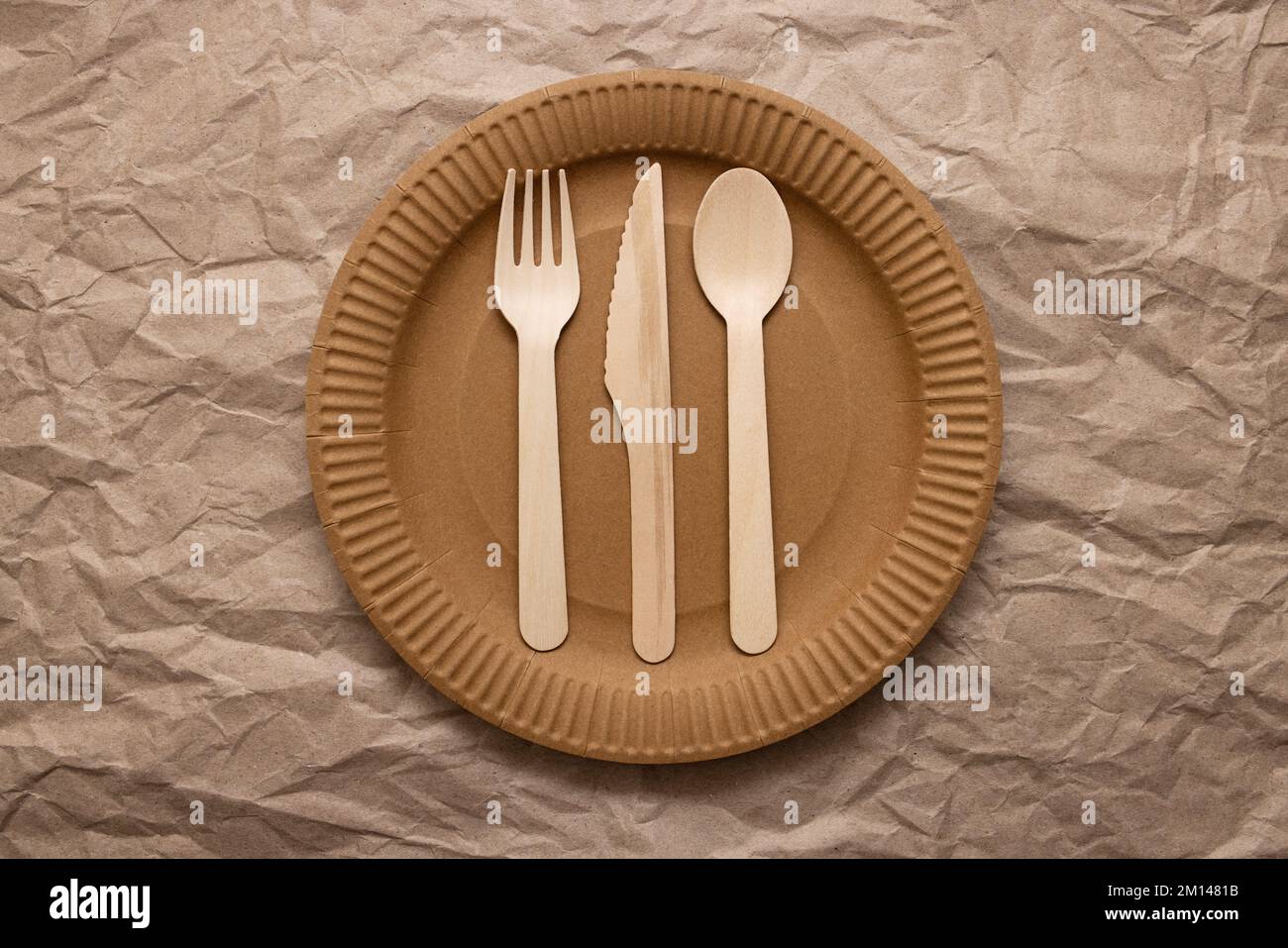 Wooden fork, spoon and knife on cardboard plate on crumpled paper Stock ...