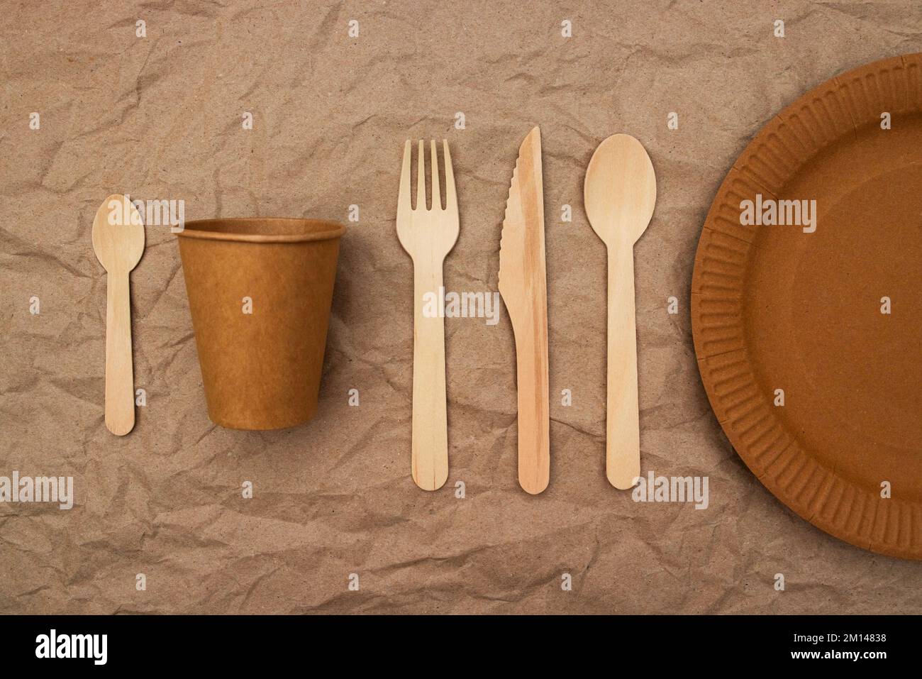 Wooden fork, spoon, knife and cardboard plate and cup on crumpled paper ...