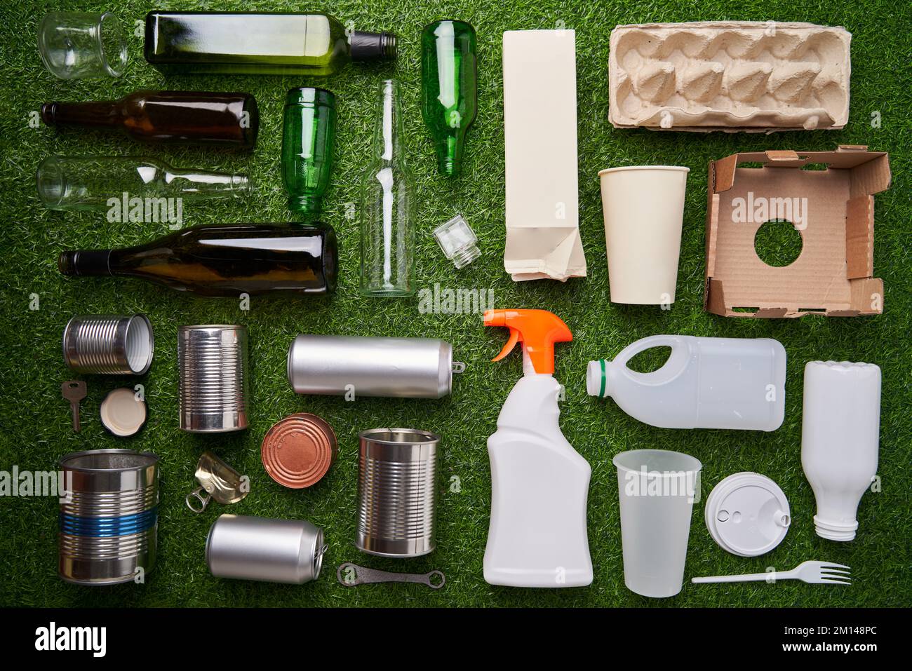A selection of garbage for recycling. Segregated glass, metal, plastic ...