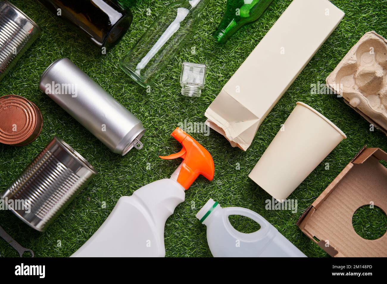 A selection of garbage for recycling. Segregated glass, metal, plastic ...