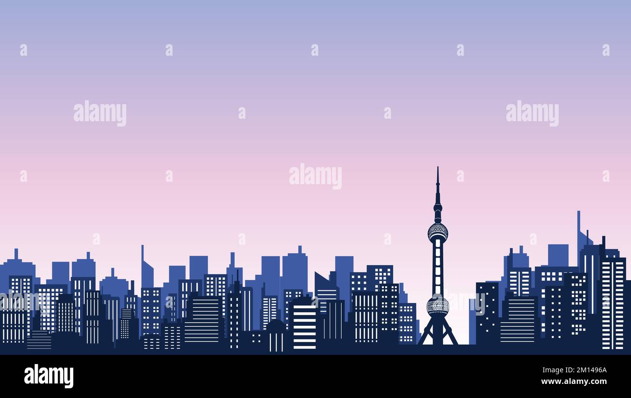 A Silhouette of city high rise buildings with evening sky and apartments around shanghai tower ...