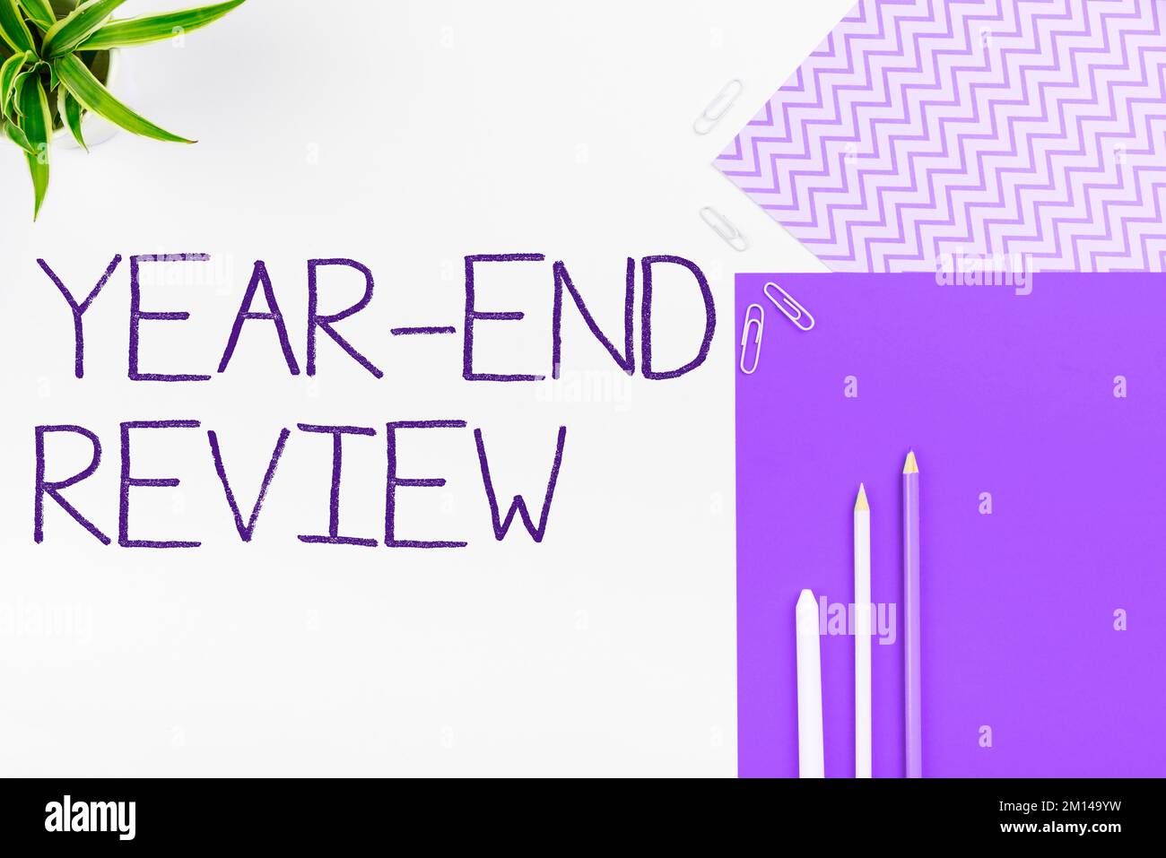 Text caption presenting Year End Review. Concept meaning annual ...