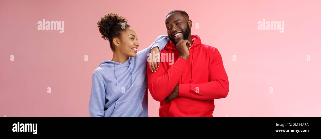 Two Best Friends Having Fun Man Smiling Woman Leaning His Shoulder Talking Laughing Joking Like