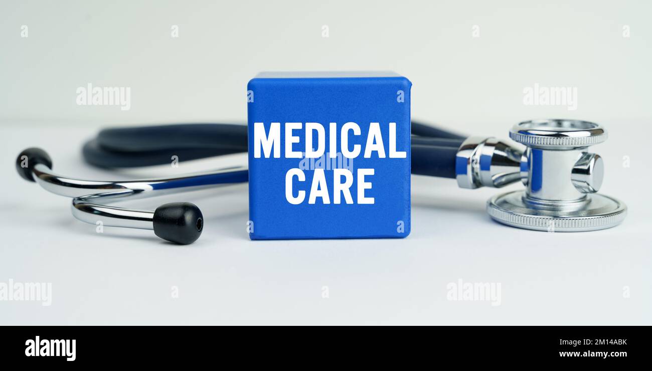 Medicine and health concept. On the table is a stethoscope and a blue ...