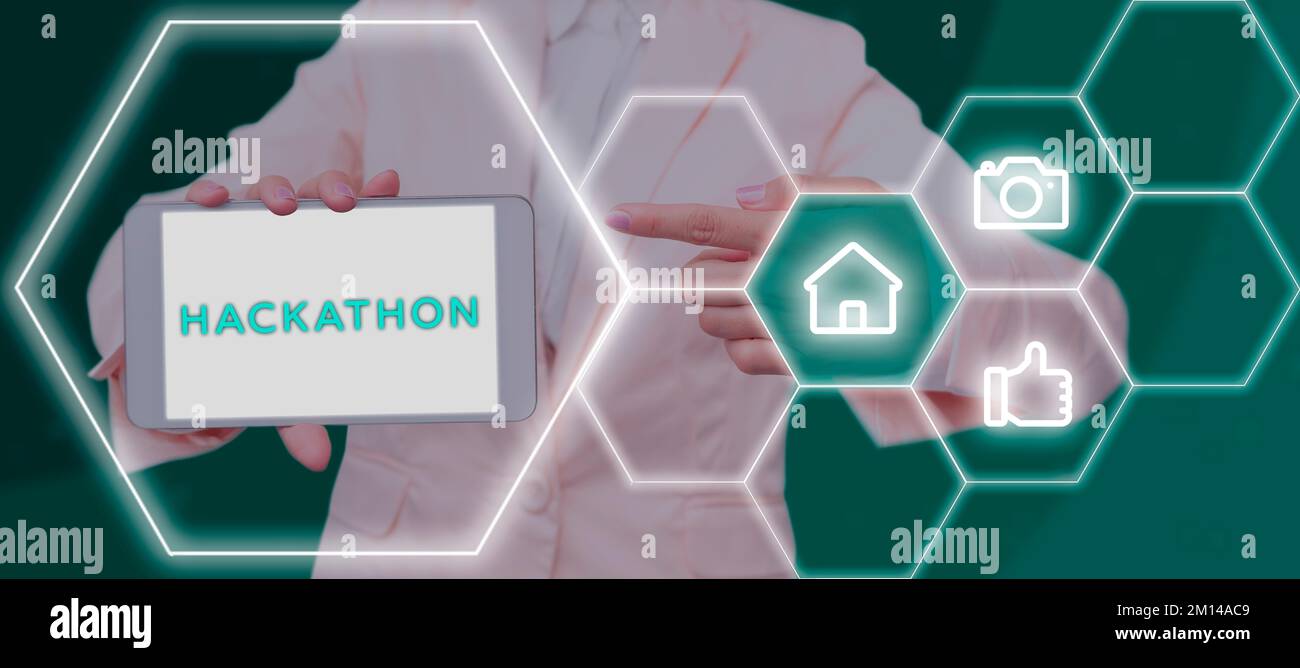 Text caption presenting Hackathon. Business showcase event where large ... Text caption presenting Hackathon. Business showcase event where large ...