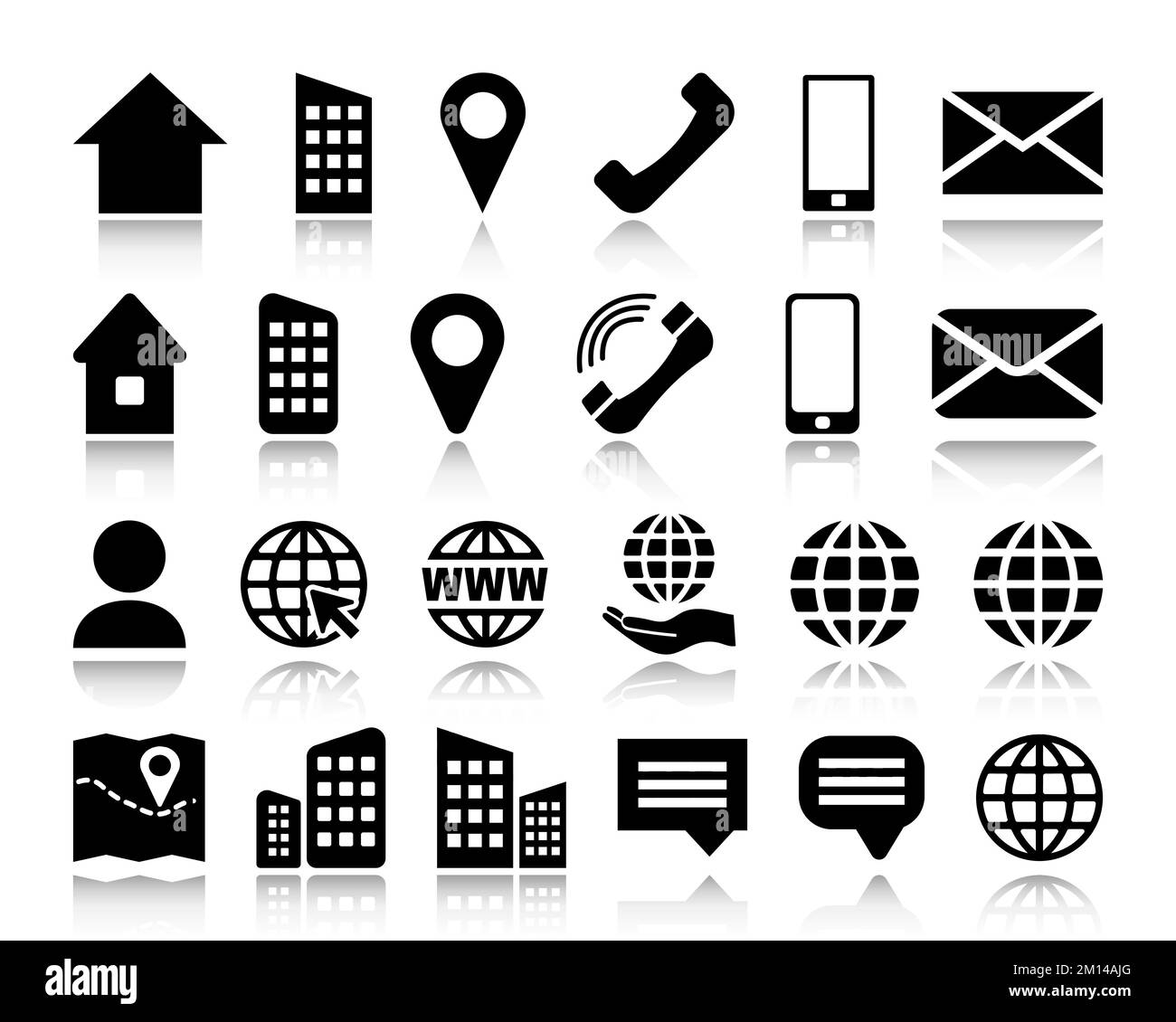 Black Contact Info Icon Set with Reflection for Location Pin, Phone ...