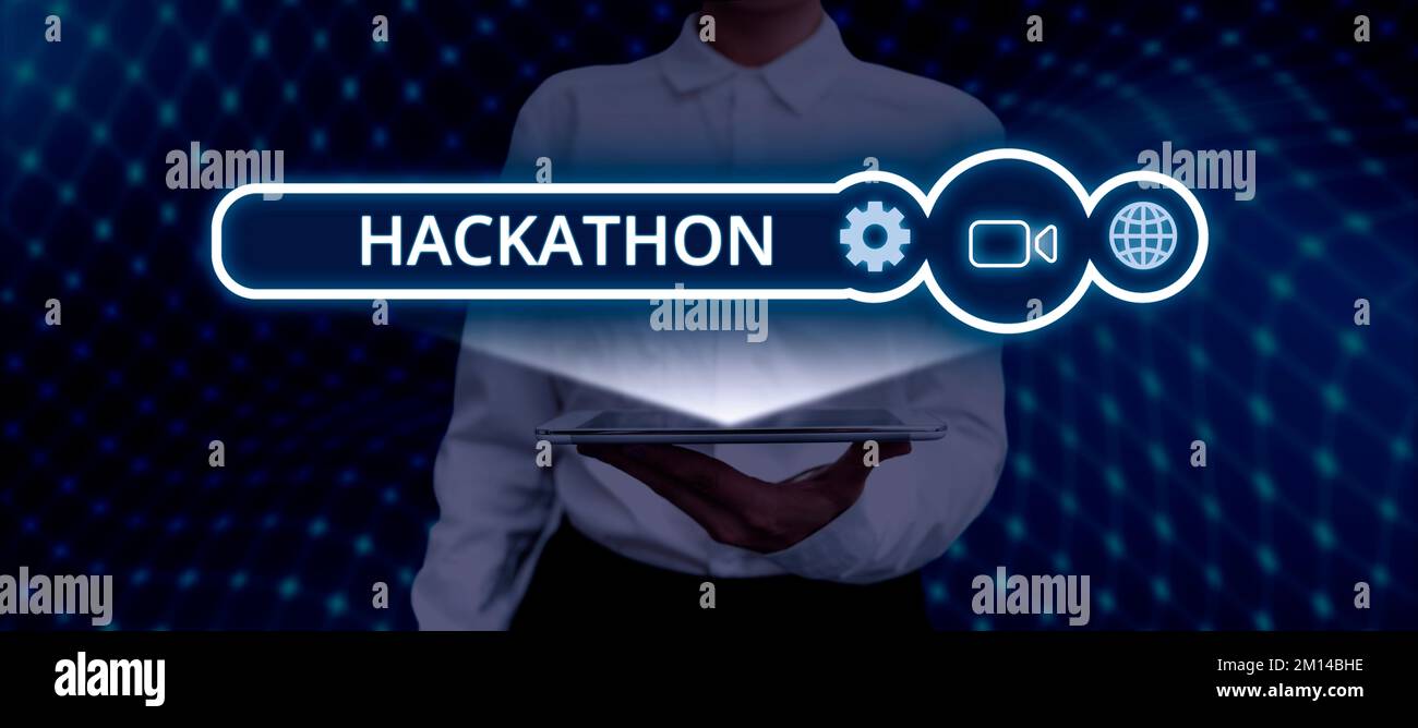 Text showing inspiration Hackathon. Business showcase event where large ... Text showing inspiration Hackathon. Business showcase event where large ...