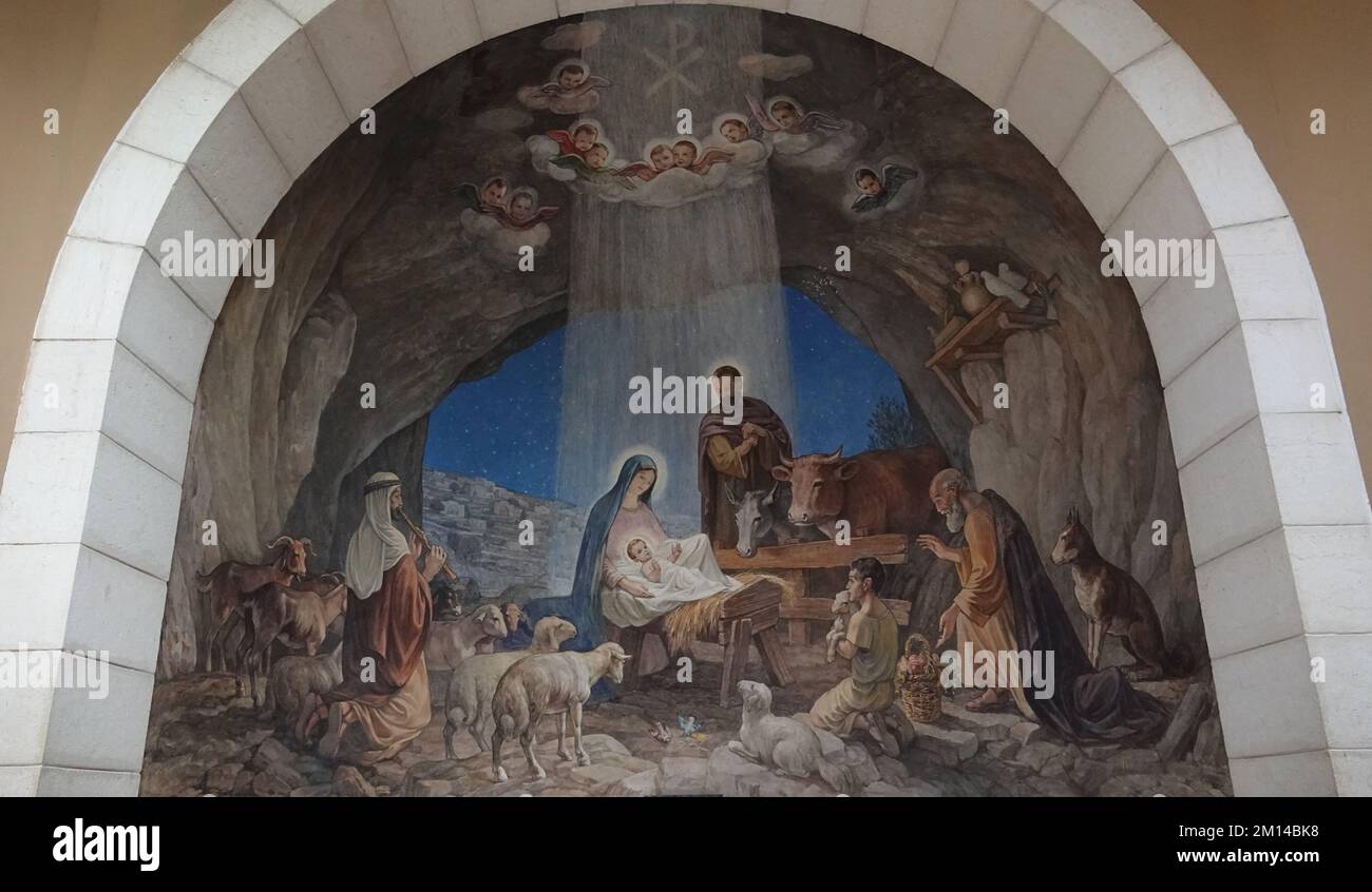 Painted mural depicting nativity scene inside the Shepherds' Field ...