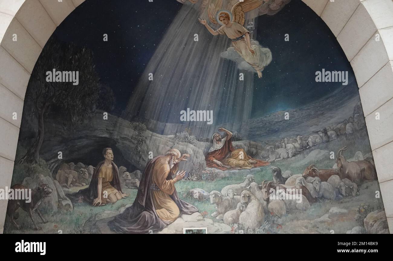 Painted mural depicting nativity scene inside the Shepherds' Field ...