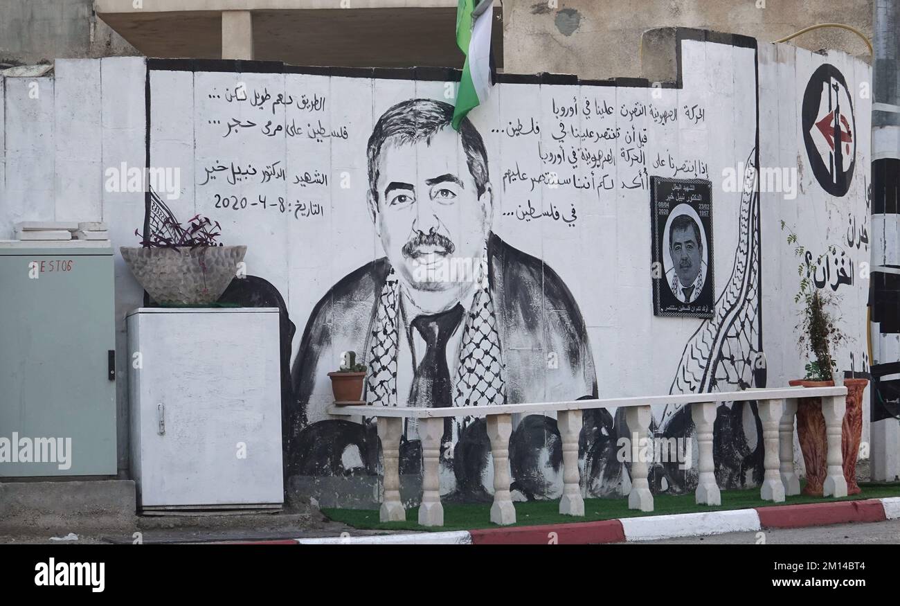 A painted wall in the Palestinian town of Beit Sahour or Bayt Sahur in ...