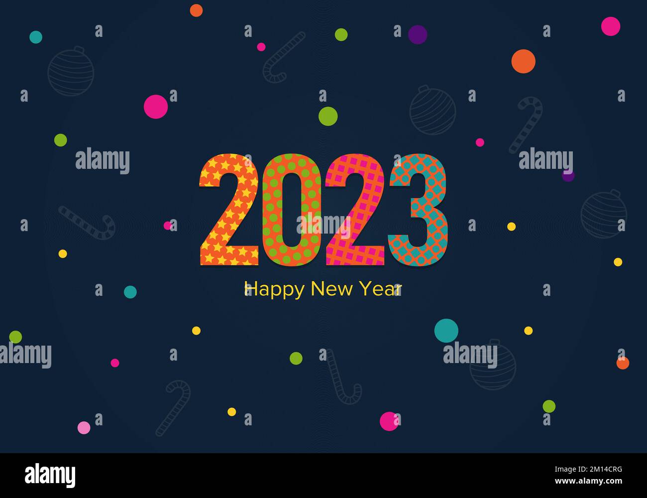 inscription of new year 2023 with color numbers with patterns, circles ...