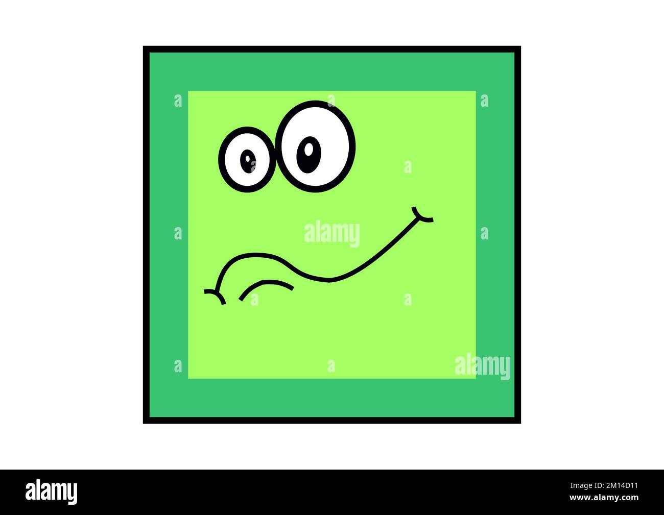 A playful square cartoon emoticon with a green face, big eyes, and an ...
