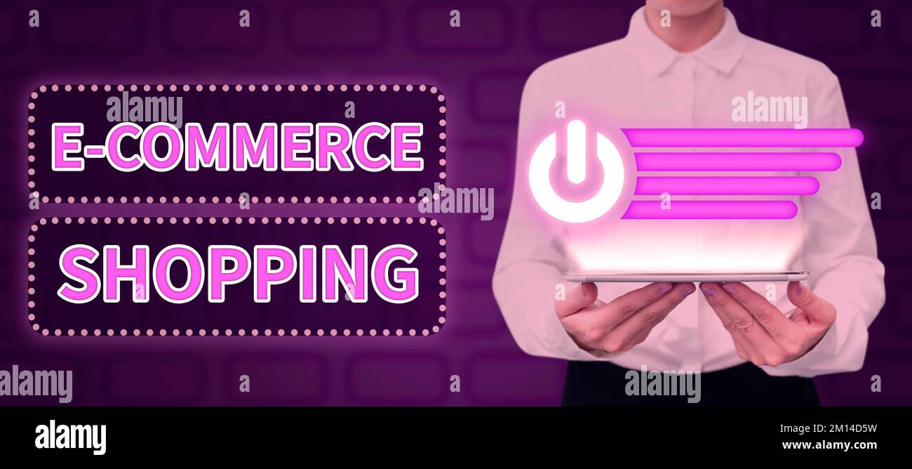 Hand writing sign E Commerce Shopping. Business approach directly buy ...