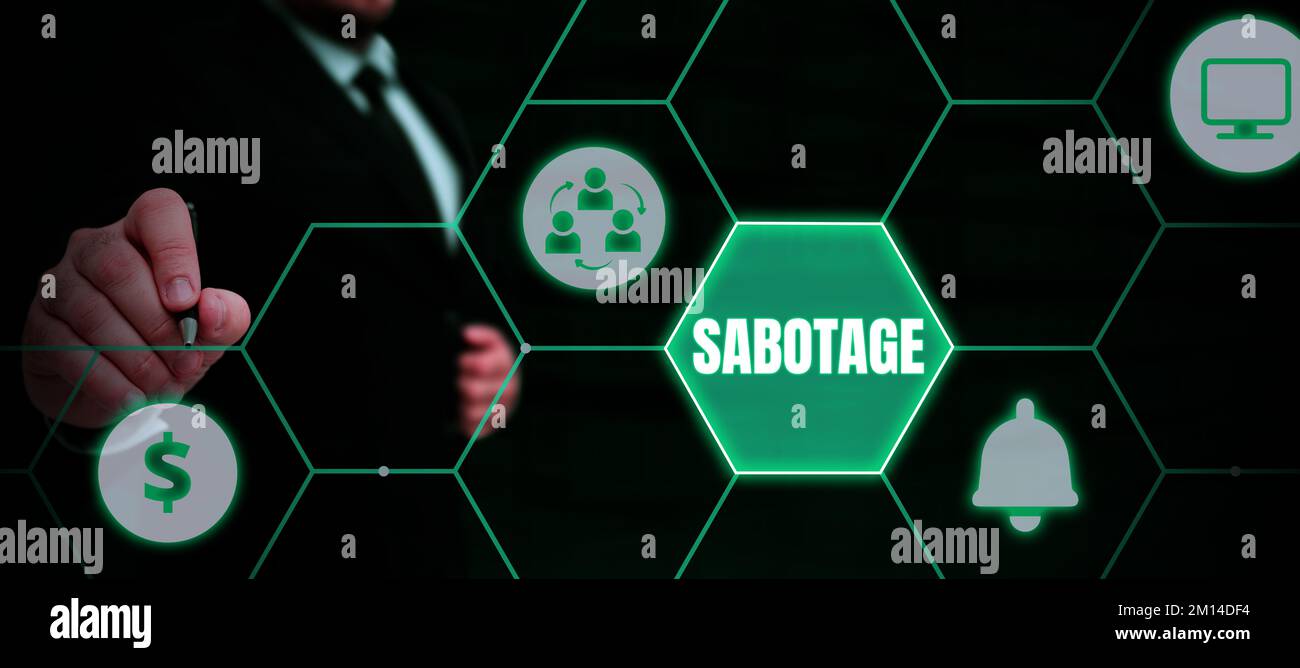 Text sign showing Sabotage. Concept meaning destruction of an employer ...