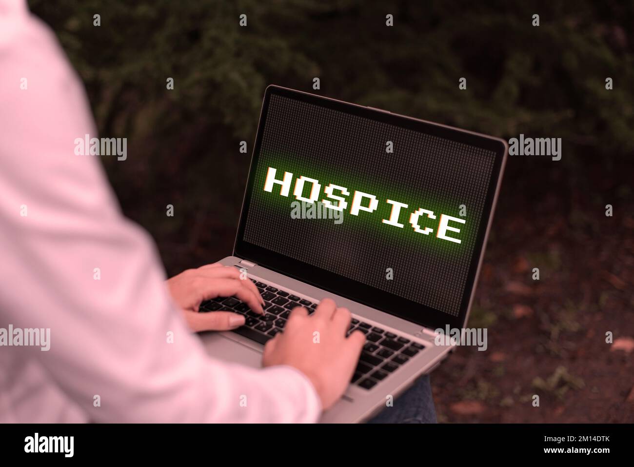 Hand writing sign Hospice. Business showcase focuses on the palliation ...