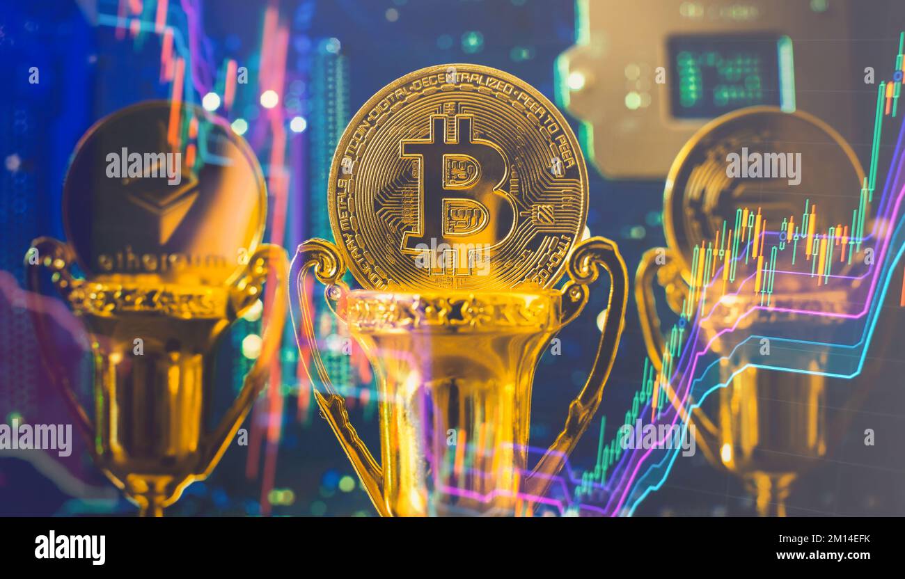 Candle stick graph chart and digital background.Golden coin with icon ...