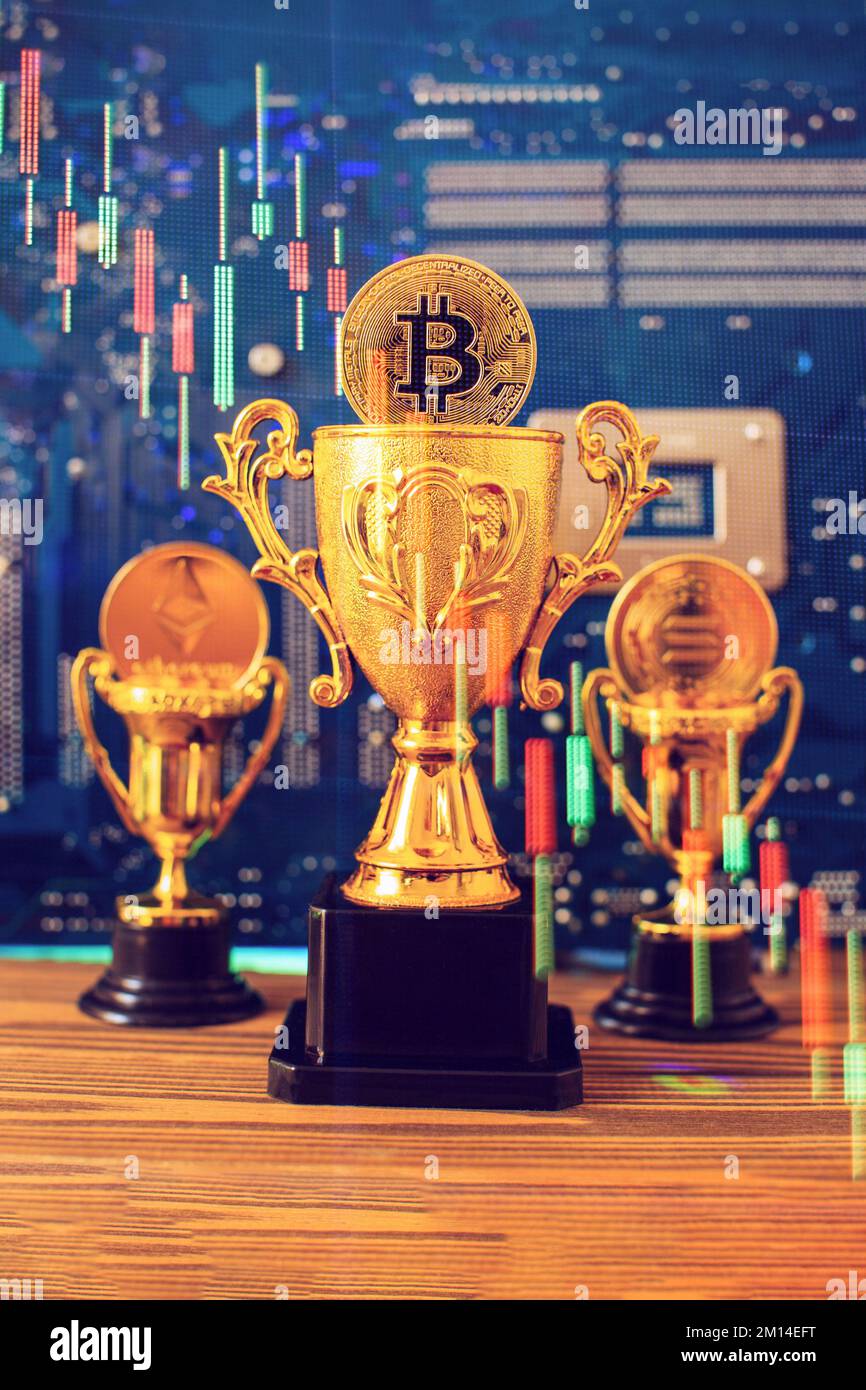 Candle stick graph chart and digital background.Golden coin with icon ...