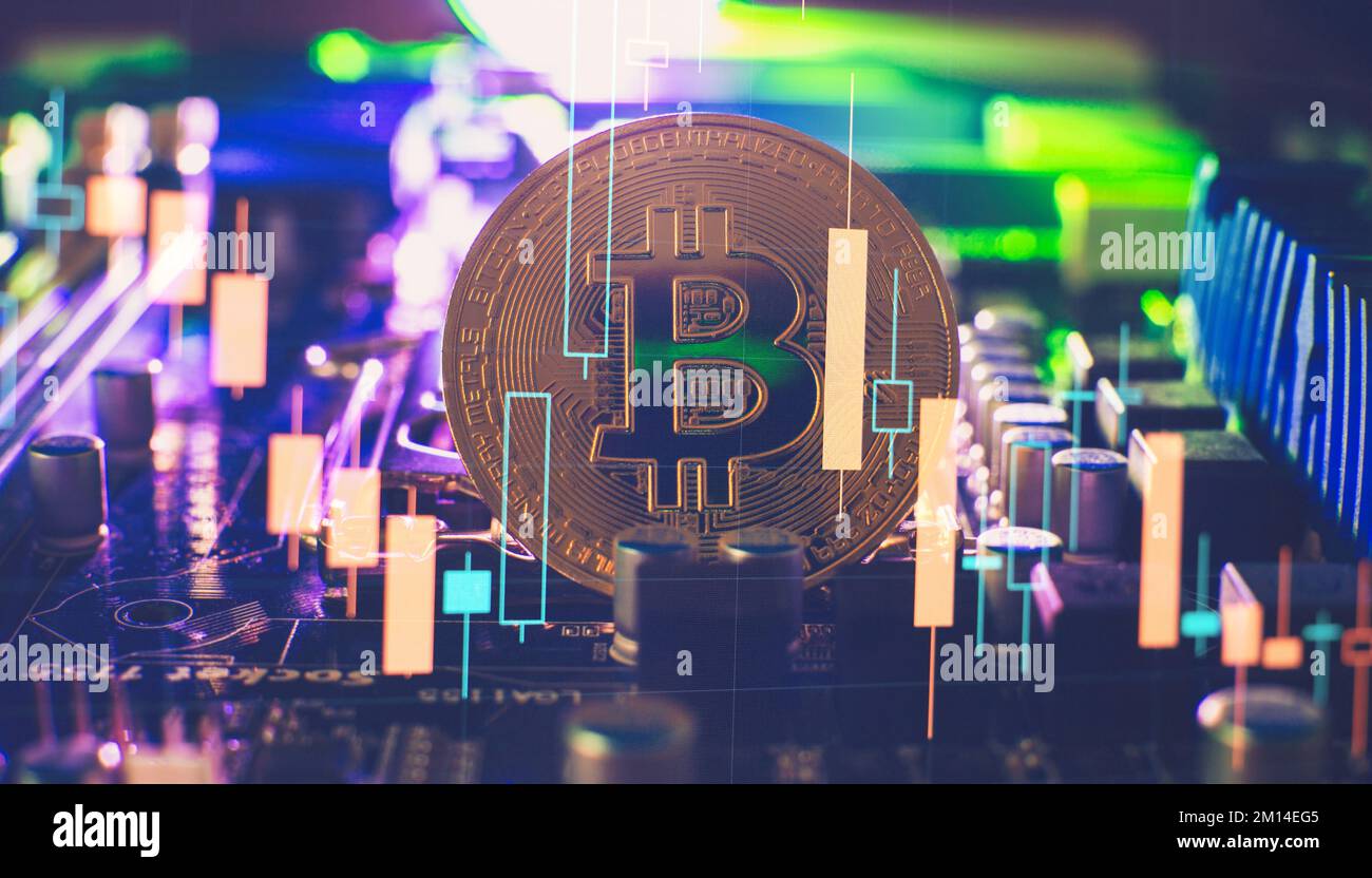 Blockchain technology bitcoin mining concept. Bitcoin golden coin on ...