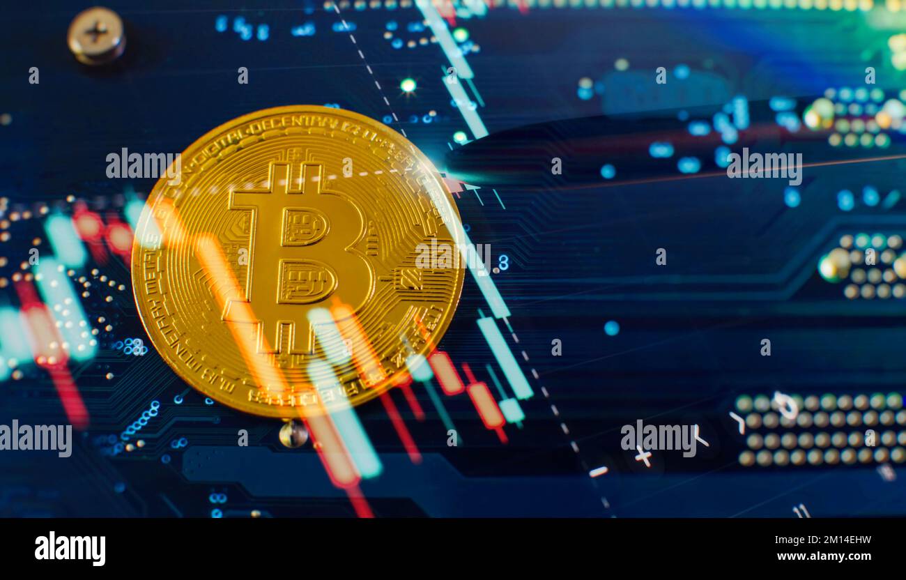 Bitcoins and New Virtual money concept. Gold bitcoins with Candle stick ...