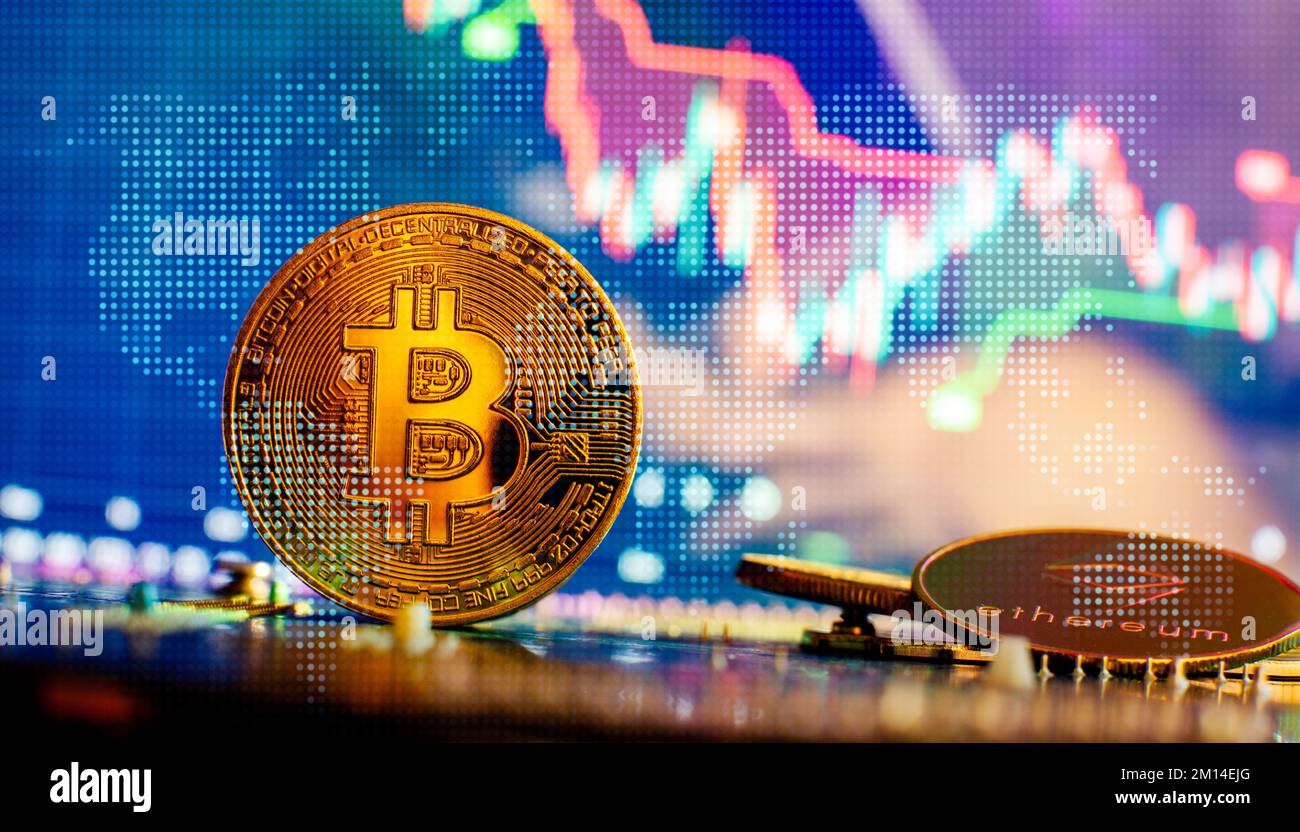 Bitcoin cryptocurrency new version on computer electronic circuit board ...