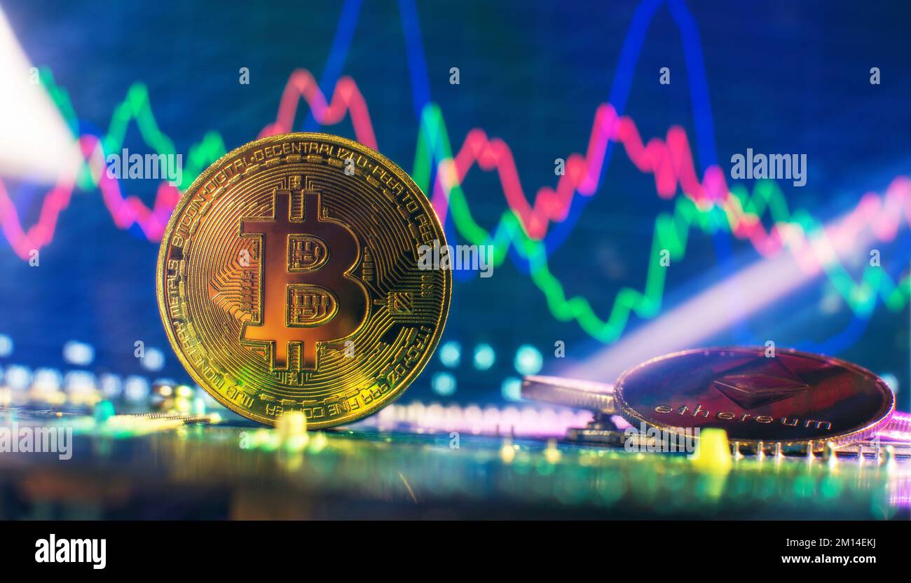 Bitcoin cryptocurrency new version on computer electronic circuit board ...