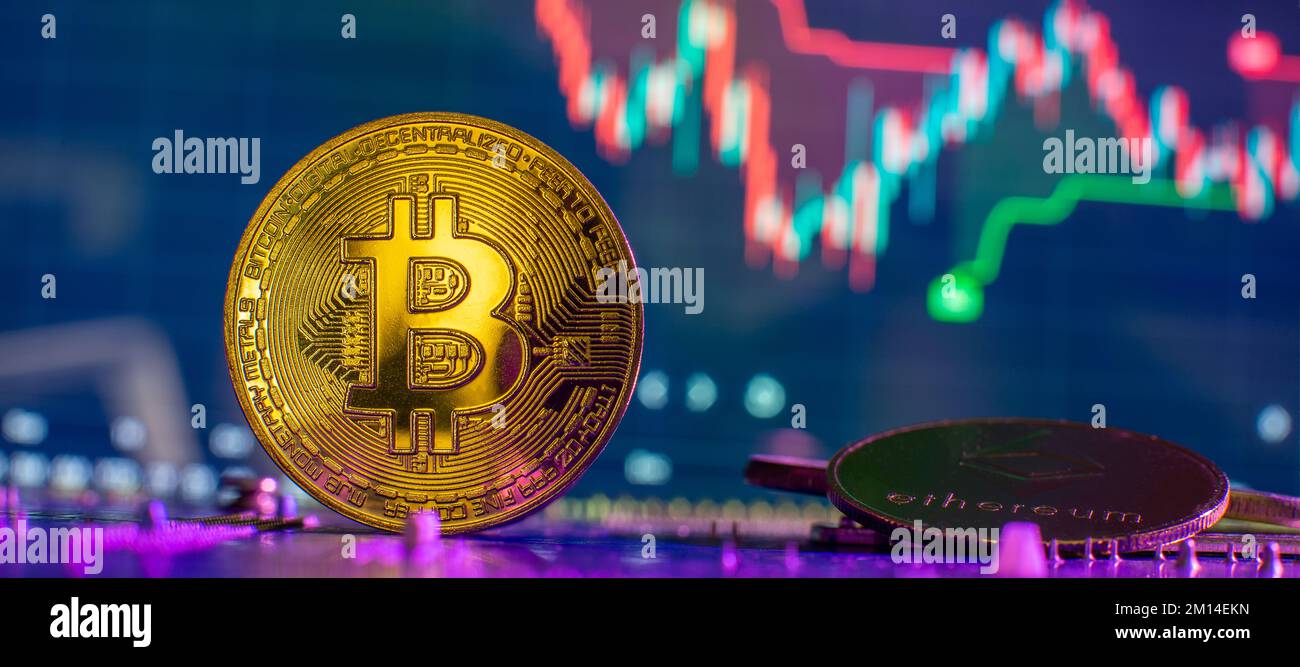 Bitcoin cryptocurrency new version on computer electronic circuit board ...