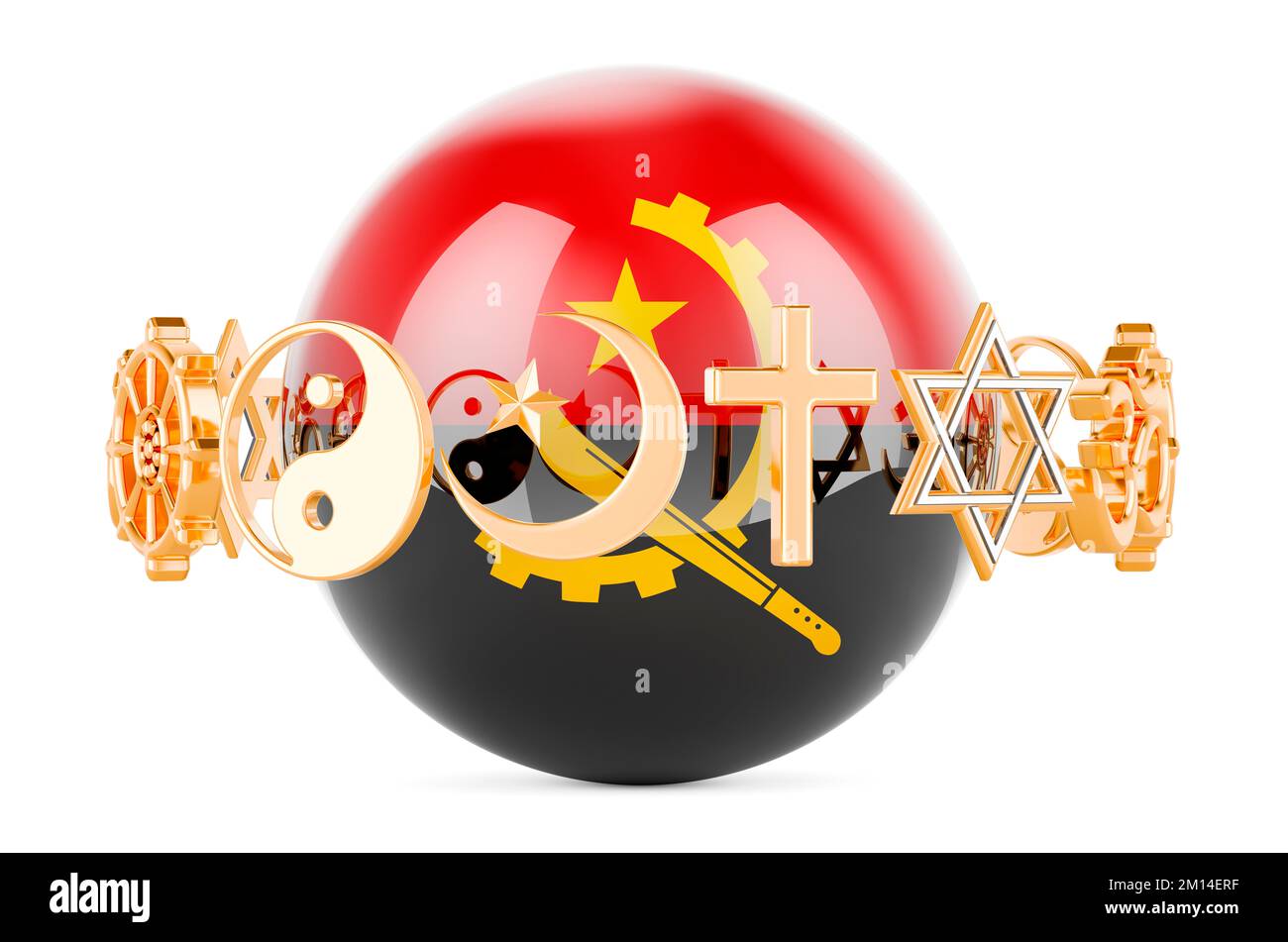 Angolan flag painted on sphere with religions symbols around, 3D ...