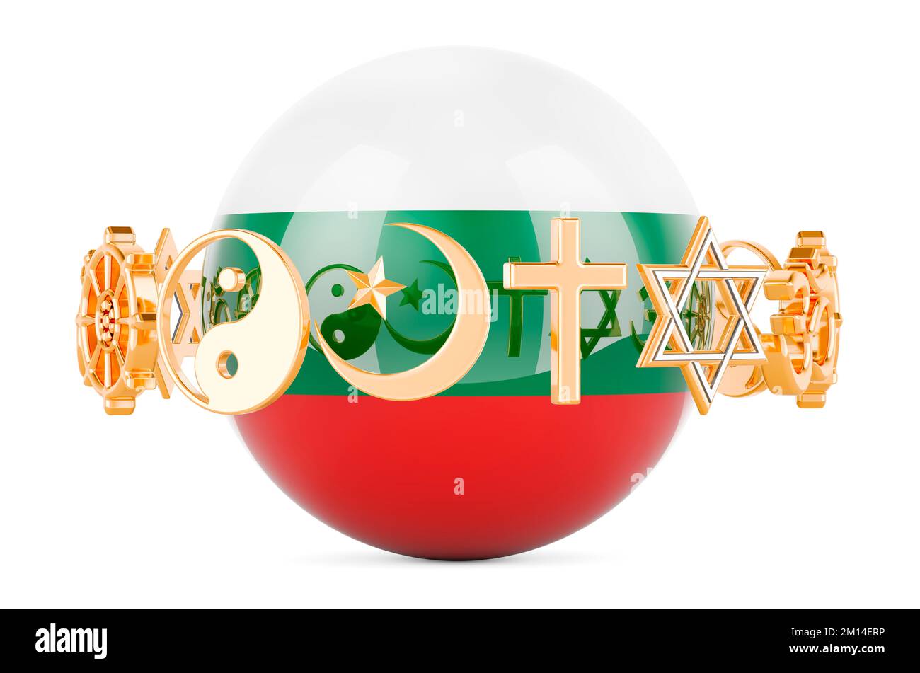 Bulgarian flag painted on sphere with religions symbols around, 3D ...