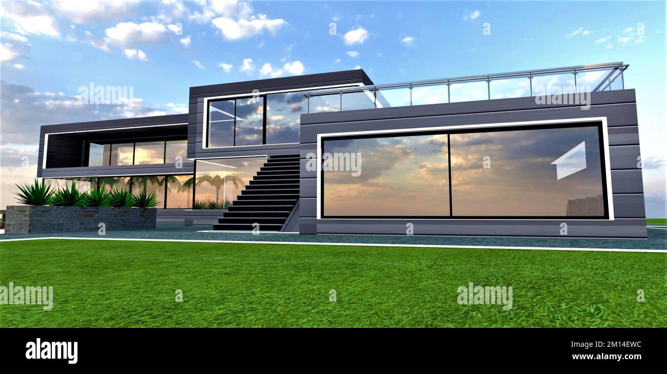 Awesome suburban house with large panoramic windows reflectin amazing ...