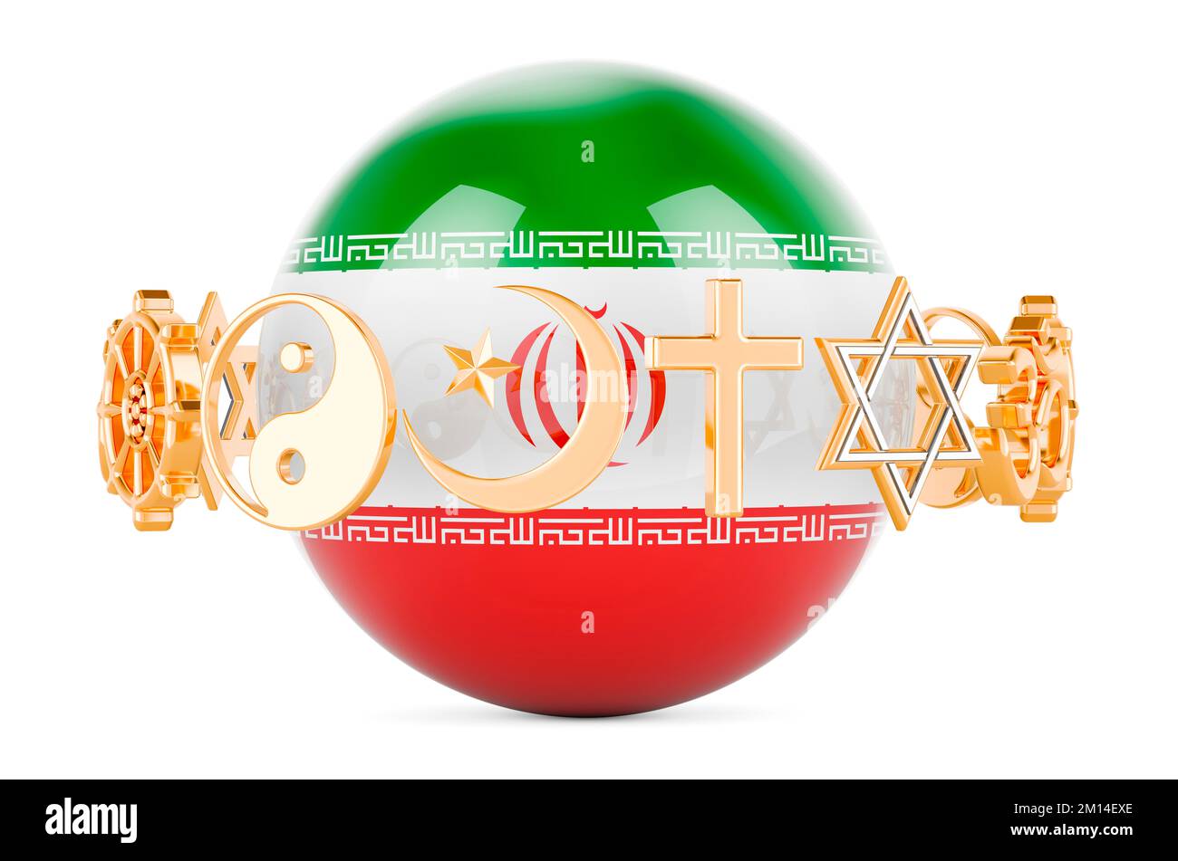 Iranian flag painted on sphere with religions symbols around, 3D ...