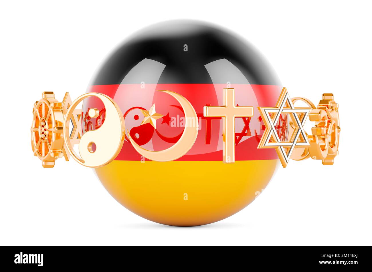 German flag painted on sphere with religions symbols around, 3D ...